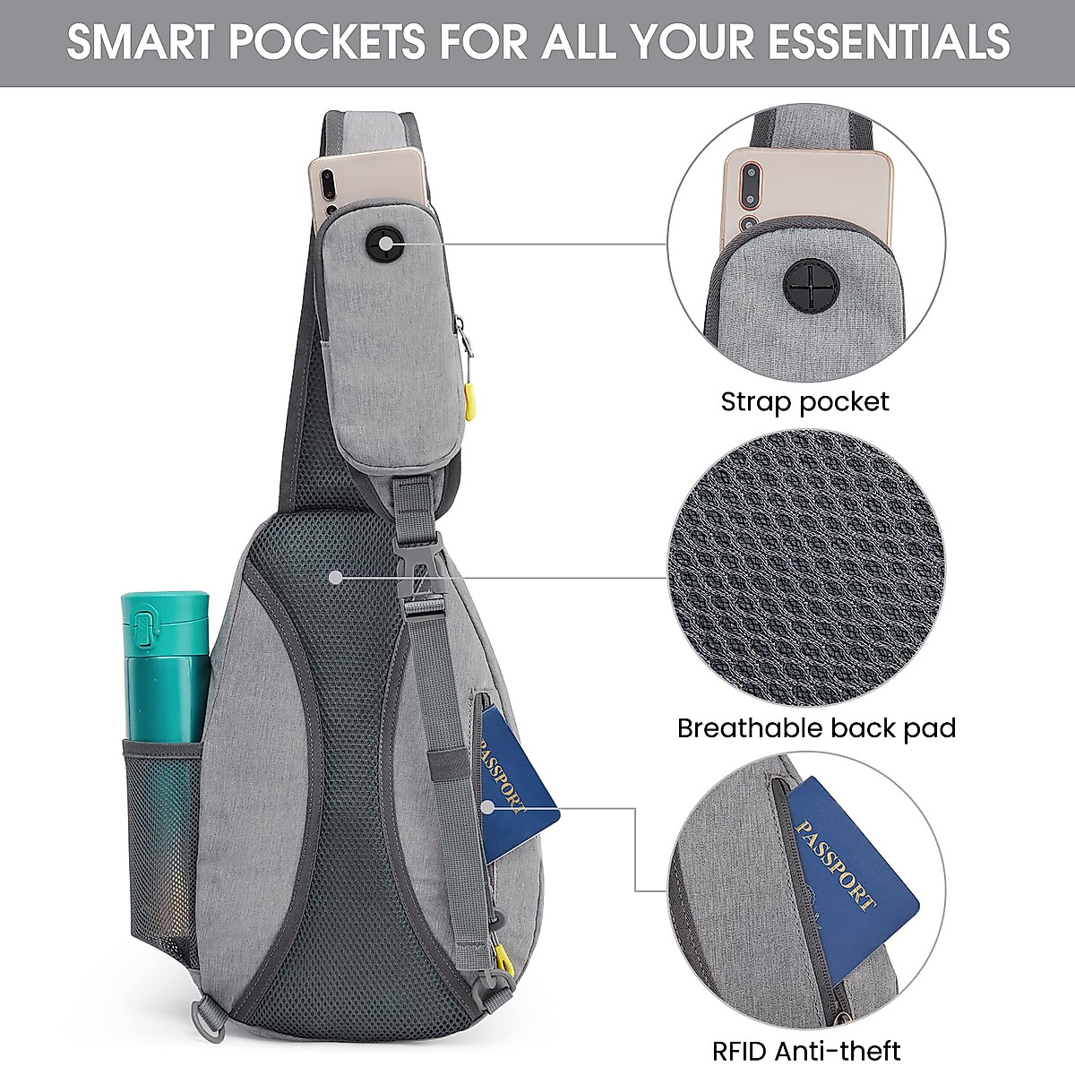 G4Free RFID Sling Bag Crossbody Backpack Casual Chest Shoulder Daypack Gym Bag for Hiking Travel 7L(Light Gray)