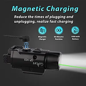 GOPLANT 1500 Lumens Weapon Laser Light Combo - Adjustable Rail LED Light and Green Laser Flashlight, Magnetic Rechargeable Strobe Sub-Compact Tactical Light for Picatinny or GL Rail