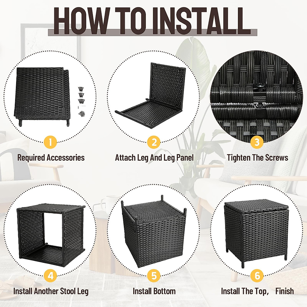 DoubleFill 2 Pcs Wicker Side Table with Storage PE Rattan Wicker Ottoman Small Patio Outdoor Storage Box 11.8 Gallon Square Outdoor Foot Stool Footrest Footstool for Porch, 15.75 x 15.75 x 17.72