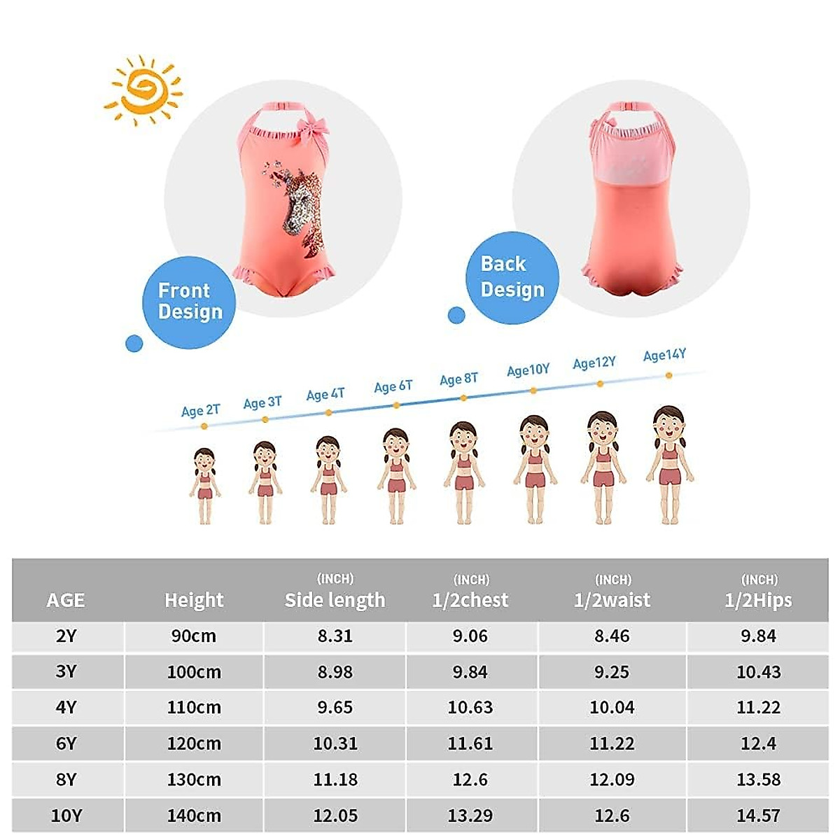 Julysand Toddler Girls Orange One Piece Swimsuit Sequin Unicorn Swimwear Bow Ruffled Bathing Suit