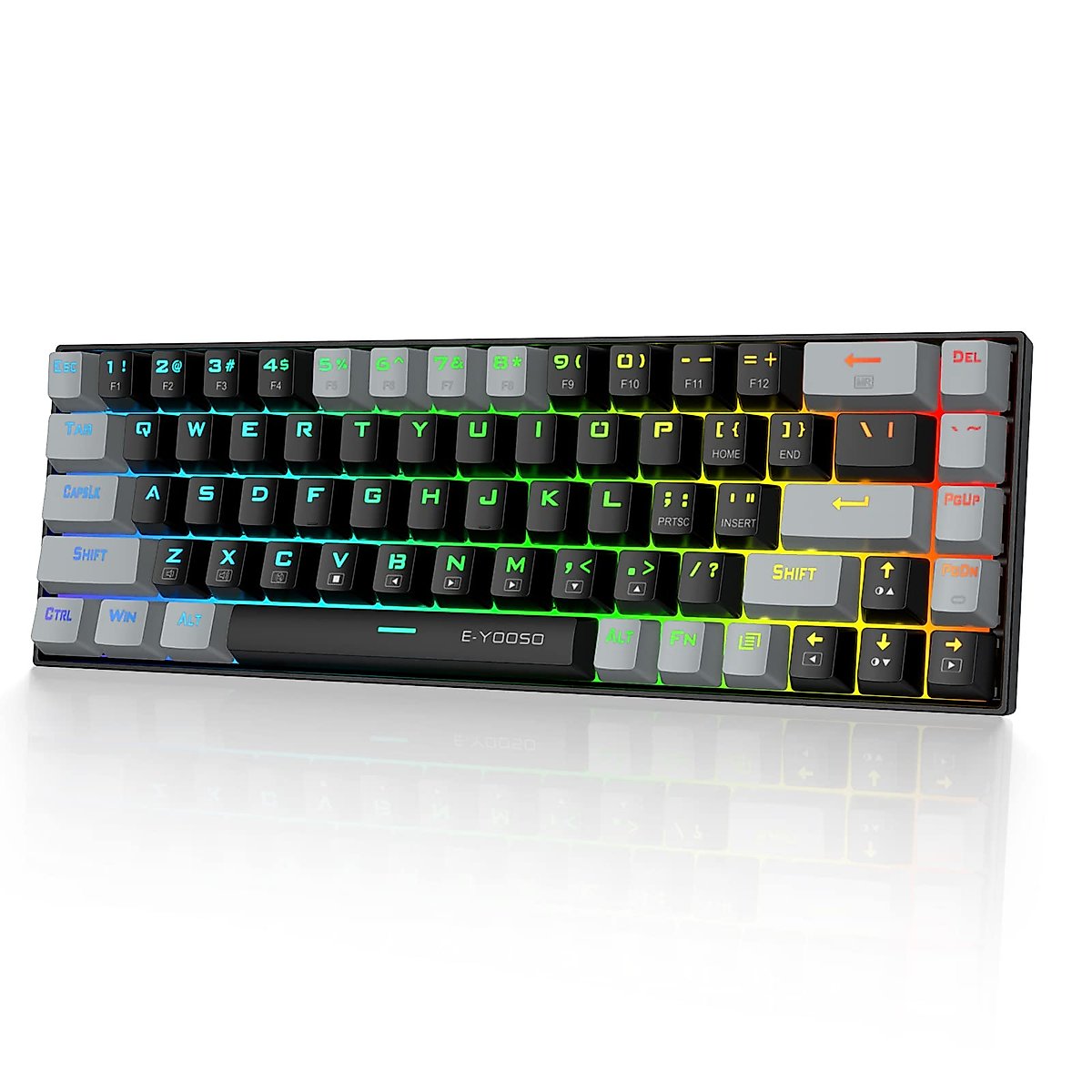HUO JI 65% RGB Gaming Keyboard, E-YOOSO Z-686 Wired 68 Keys Mechanical Keyboard, Clicky Blue Switches, Pro Software Supported, Detachable USB-C Cable, Separate Arrow Keys - Black/Grey
