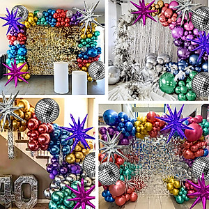 Woaipati 161pcs Shiny Chrome Balloon Garland Arch Kit Retro Disco Dance Party Decorations with 4D Disco Ball Balloons and Explosion Star Foil Balloons for 80s 90s Theme Neon Birthday Galaxy Supplies
