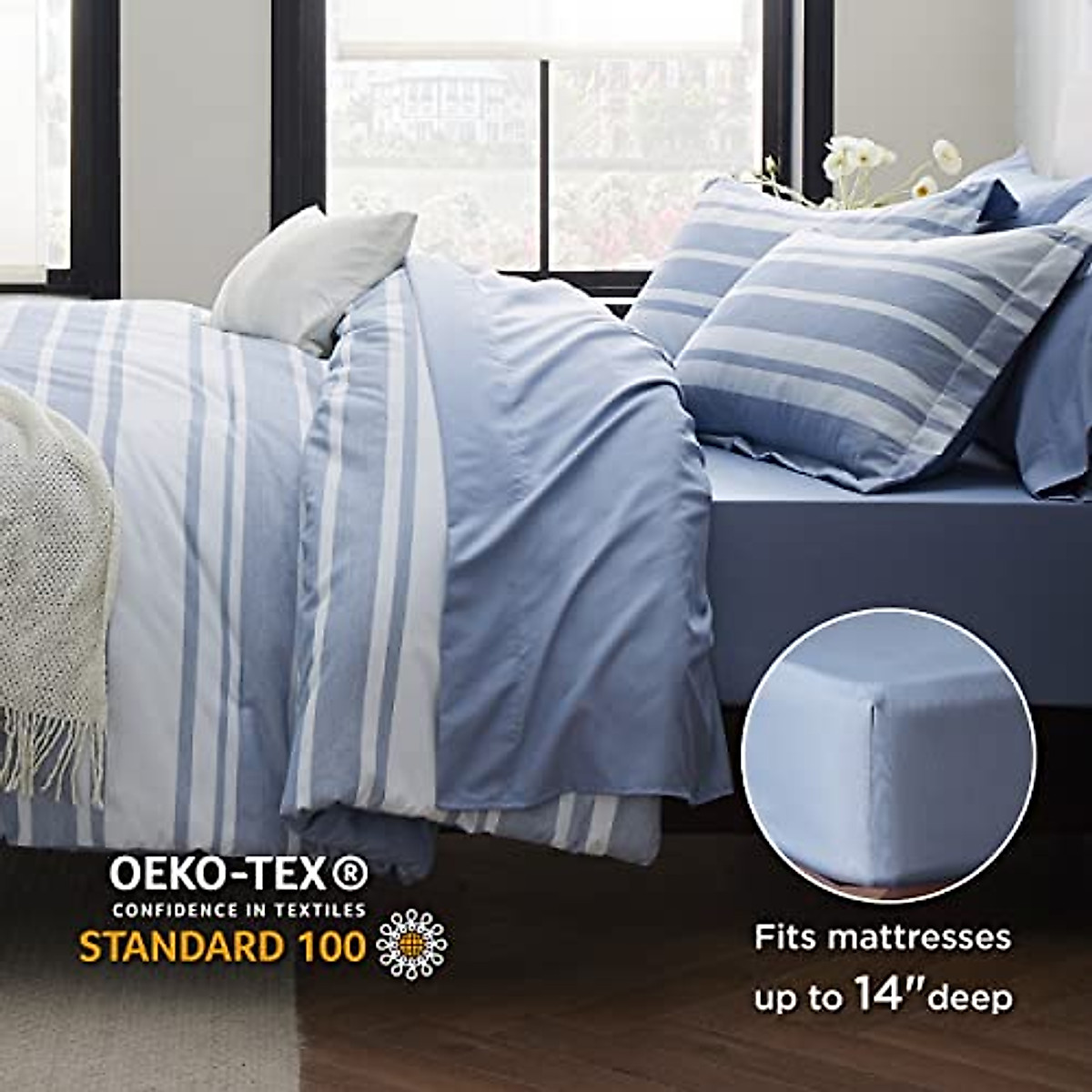 Bedsure Bed in a Bag Queen 7 Pieces - Blue Striped Comforter Set Queen All Season Bed Set, Bed Set Queen Size with 1 Comforter, 1 Flat Sheet, 1 Fitted Sheet, 2 Pillowcases & 2 Shams