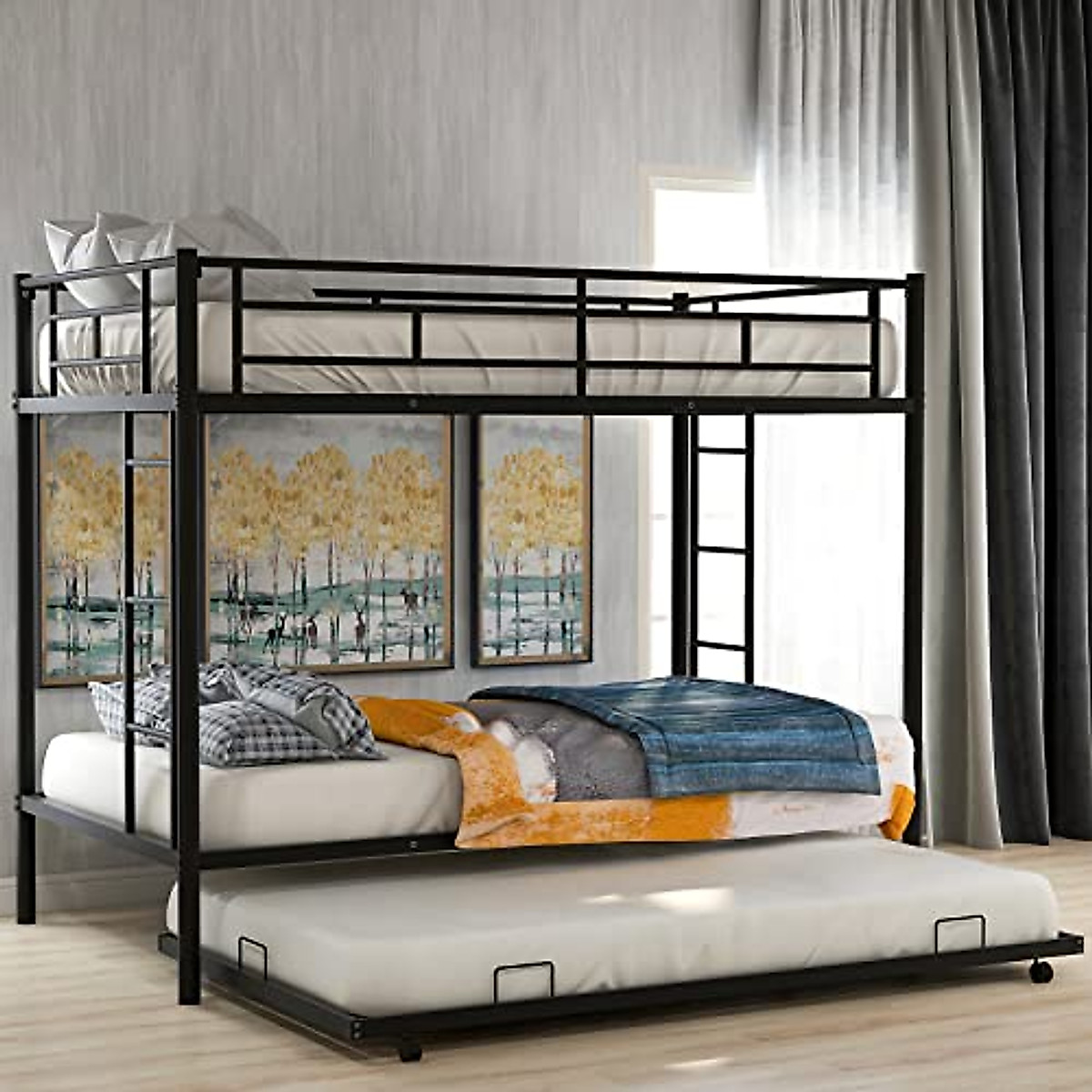 Twin Over Twin Metal Bunk Bed with Trundle,Metal Structure Bedframe with Safety Guardrails and ladders,No Spring Box Required and Space Saving Design,Black