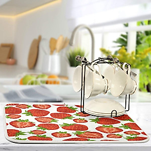 Baofu Dish Drying Mat for Kitchen Counter, Summer Strawberry Fruit Ultra Absorbent Reversible Microfiber Dishes Drying Rack Pad Heat-resistant Mats 16x18in