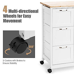 Giantex Kitchen Island Cart, Home Bar Serving Cart, Kitchen Trolley with 3 Large Drawers, Storage Shelf and 3 Tier Shelves, Rolling Storage Cabinet, Mobile Cart (White)