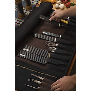 Asaya Waxed Canvas Knife Roll - 15 Knife Slots, Card Holder and Large Zippered Pocket - Genuine Leather, Cloth and Brass Buckles - for Chefs and Culinary Students - Knives Not Included