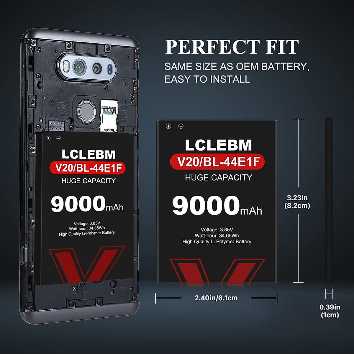 9000mAh LG V20 Extended Battery, Li-ion Polymer Replacement Battery for LG V20, LG V20 Extended Battery BL-44E1F with Black TPU Case for LG H910 H918 V995 LS997