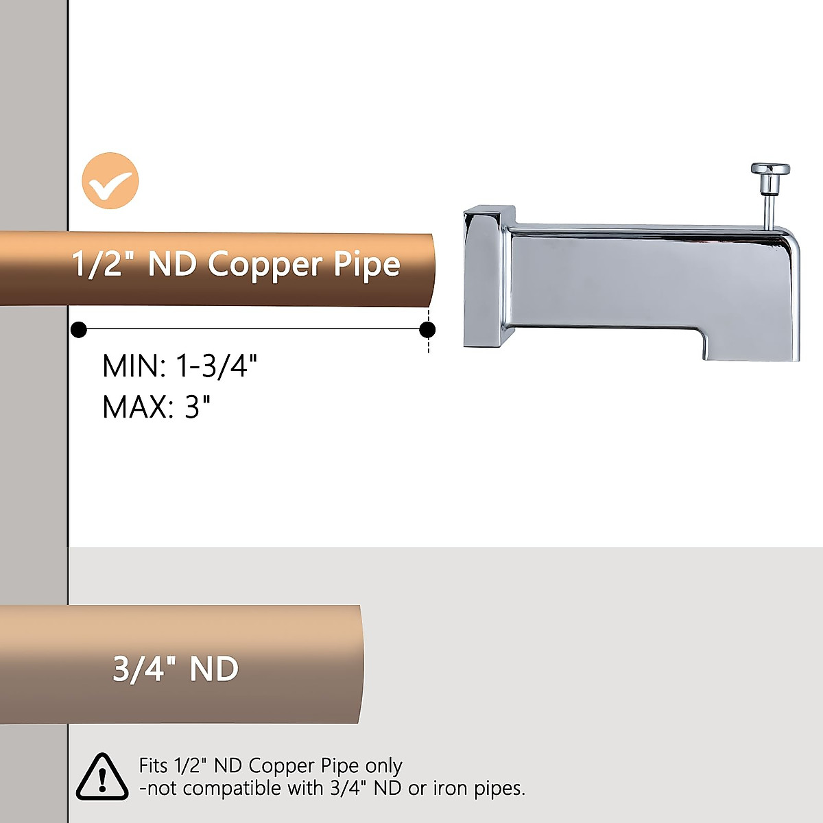 YASINU Slide-On Diverter Tub Spout - Sleek Square Design for Bathroom, Fits 1/2" Copper Pipe (5/8" OD), Child-Safe Rounded Edges, Easy Installation, Chrome