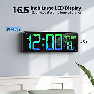 REACHER 16.5" Large Digital Wall Timer Clock with Countdown Timer, Auto Dimmer, Temperature, Remote Control, LED Wall Clock for Living Room, Office, Classroom, Gym