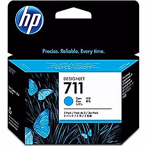 HP 711 Cyan 29-ml 3-Pack Genuine Ink Cartridges (CZ134A) for DesignJet T530, T525, T520, T130, T125, T120 & T100 Large Format Plotter Printers