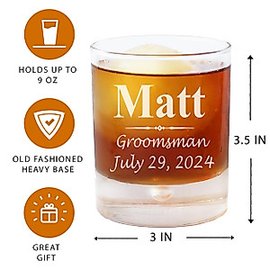 Custom Personalized Groomsmen Whiskey Glass Gift - Engraved Whisky Rocks Glass for Groomsman, Groom, Best Man, Father of the Groom (Round Glass 11oz)
