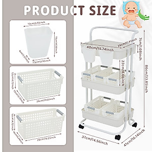 Tanlade Baby Diaper Cart Organizer 3 Tier Diaper Caddy Organizer with Wheels Baby Diaper Storage Organizer Nursery Cart Diaper Caddy with Baskets Hanging Cups Sticker for Crib Changing Table, White