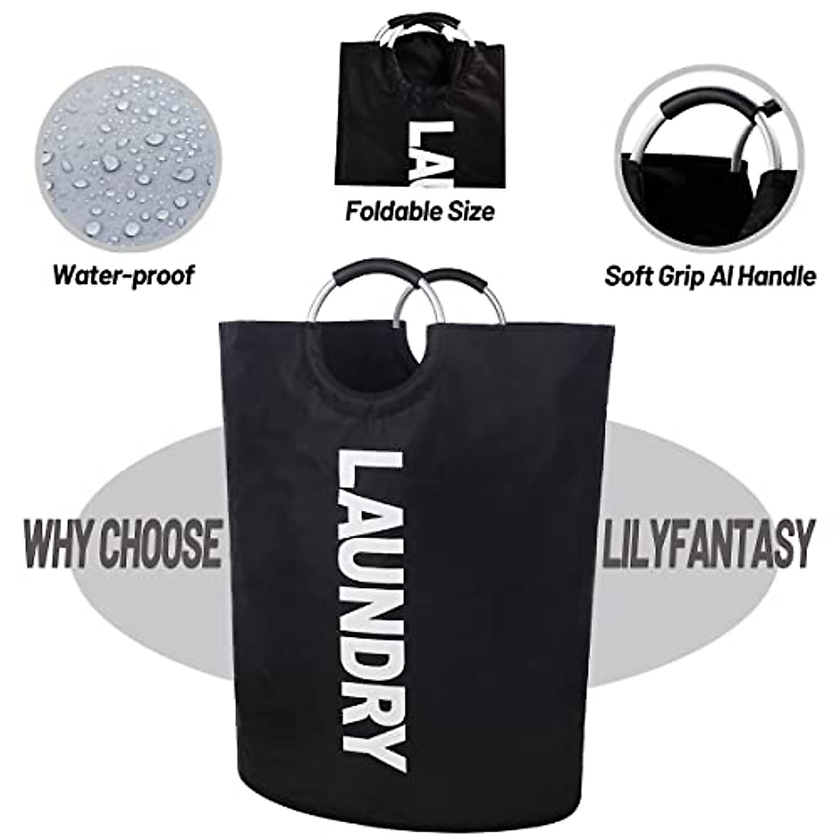 Lilyfantasy 160L XXX-Super Large Laundry Baskets, Laundry Hamper with Padded Handles, Tall Laundry Basket Stand Up Well, Foldable Round Laundry Bag for Easy Storage（Black）