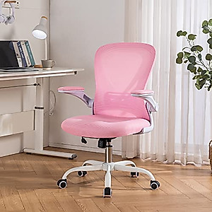 Hramk Office Chair Mid Back Swivel Desk Chair with Flip-up Arms, Breathable Mesh Computer Chair, Lumbar Support Task Chair with Wheels, Height Adjustable (Pink)
