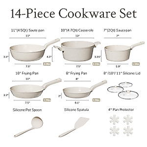 Kilay 14pcs Pots and Pans Set, Nonstick Cookware Sets, White Granite Induction Kitchen Cooking Set with Frying Pans & Saucepans