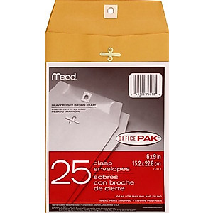 Mead Mailing Envelopes, Clasp Closure, 6" x 9", All-Purpose 24-lb Paper, Brown Kraft Material, 25 per Box (76018)