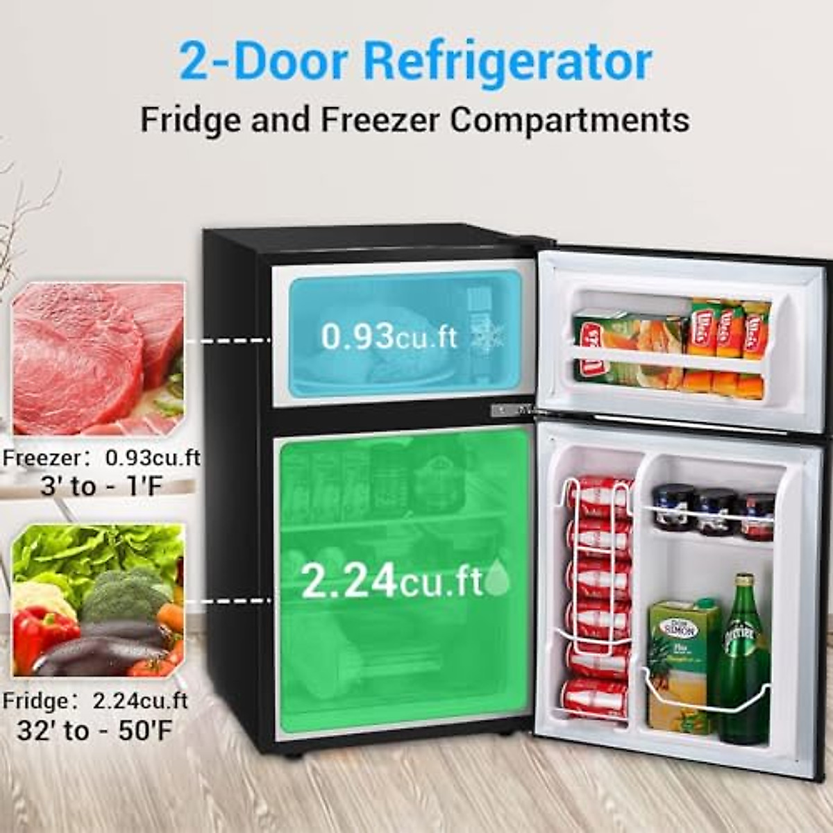 Joy Pebble Small fridge with freezer,3.2 cu.ft compact refrigerator with freezer,Mini Fridge for bedroom, Dorm or Apartment with Adjustable Removable Glass Shelves,Black