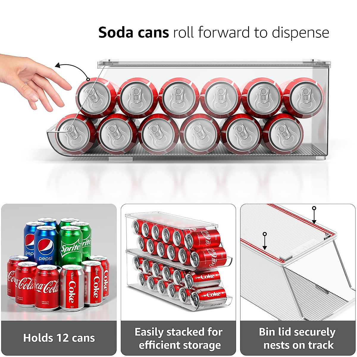 Sorbus Soda Can Organizer for Refrigerator Stackable Can Holder Dispenser with Lid for Fridge, Pantry, Freezer – Holds 12 Cans Each, BPA-Free, Clear Design