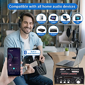 Etlephe 298A Mini Bluetooth 5.0 Stereo Amplifier,Amplifier home Audio,Audio Receiver,300W+300W 2 Channel Power Sound Receiver/USB,SD Card,FM Radio,2 Mic for Home Speakers & Theater System-12V 110V