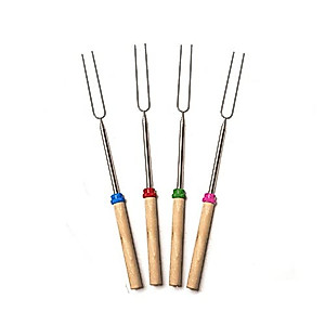 Telescoping Marshmallow Roasting Sticks with Wooden Handle 32-inch Extendable Sturdy Stainless Steel Roasting Forks for BBQ Extendable Forks Camping Accessories (4)