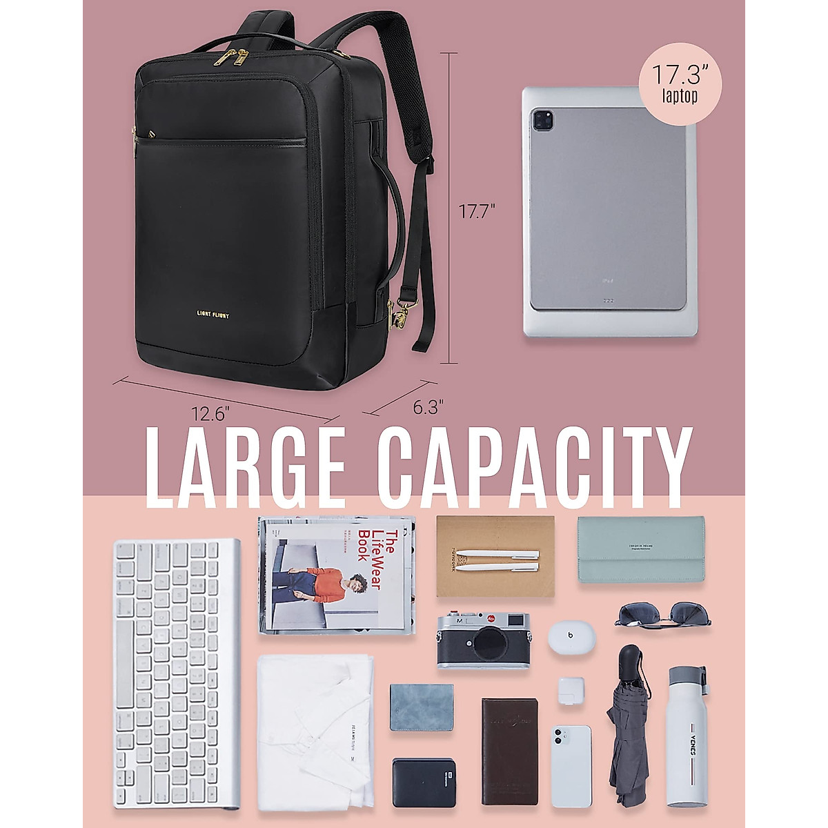 LIGHT FLIGHT Laptop Backpack Women, Large Computer Backpack for 17.3 Inch Laptop, Professional Womens Work Backpack, Convertible 3 In 1 Backpacks Water Resistant, Black