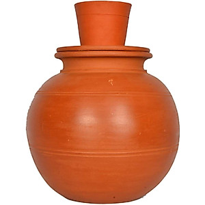 Village Decor Handmade Earthen Clay Water Pot with Lid and Glass (Capacity 6000 ml / 202 oz)