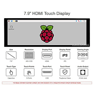 Waveshare 7.9inch Capacitive Touch Screen LCD Compatible with Raspberry Pi 5/4B/3B+/3A+/2B/B+/A+/Zero/Zero W/WH/Zero 2W CM3+/4 400×1280 Resolution HDMI IPS Supports Jetson Nano/Windows