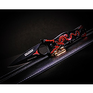 Tac-Force- Spring Assisted Folding Pocket Knife – Black Partially Serrated Blade, Black Aluminum Handle w/ Red Dragon Design, Glass Punch and Pocket Clip, Tactical, EDC, Rescue - TF-707RD