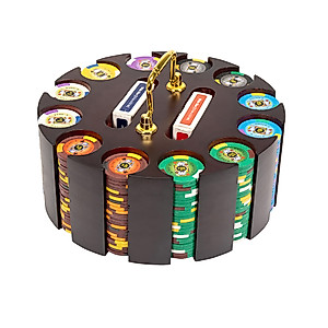 MBGBrybelly King's Casino Poker Chip Set in Wooden Carousel Carry Case - Casino Clay Composite 14-Gram Quality Chips - Convenient Rotating Tray Includes Playing Card Decks - Chip Protection (300 ct)