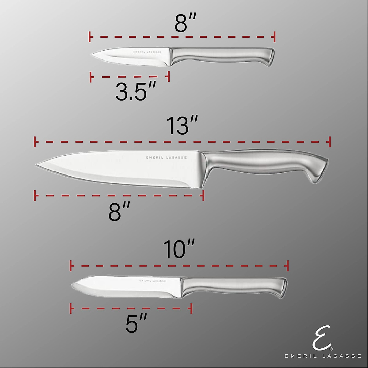 Emeril Lagasse 3-Piece Stainless Steel Kitchen Knives Set - 8” Chef Knife, 5" Utility Knife, & 3.5" Paring Knife - Slice Fruit & Meat Effortlessly