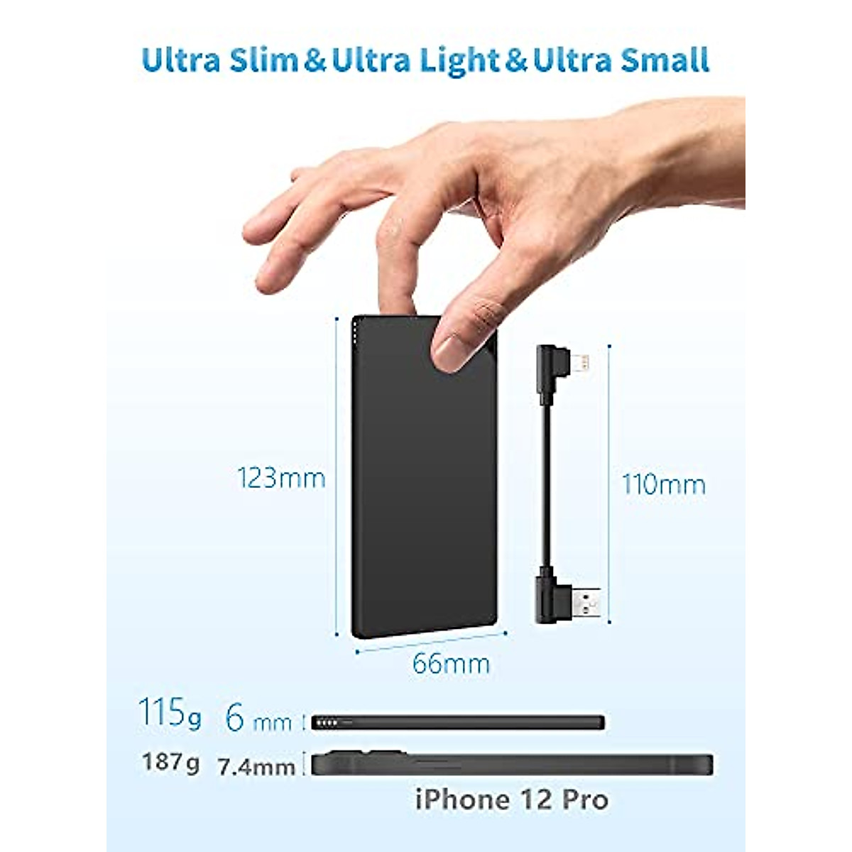 TNTOR Ultra Slim Power Bank 5000mAh, 0.24in Ultra Thin Battery Pack with Portable Short Charging Cable, Small Portable Phone Charger -Compatible with iPhone Series only