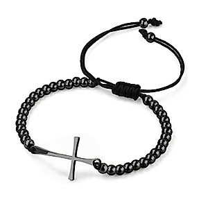 555Jewelry Stainless Steel Sideways Cross Bracelet for Women Adjustable String Bracelets Cross, Extendable Slide Cuff Bangle Beaded Bolo Bracelets for Women, Black