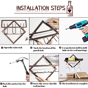 2Pcs Metal Wall Mounted Wine Holder Stemware Glass Rack, Collapsible Hanging Red Wine Racks Organizer with 3 Stem Glass Holders, Wine Bottle Display Hanger for Home Kitchen Bar Decor