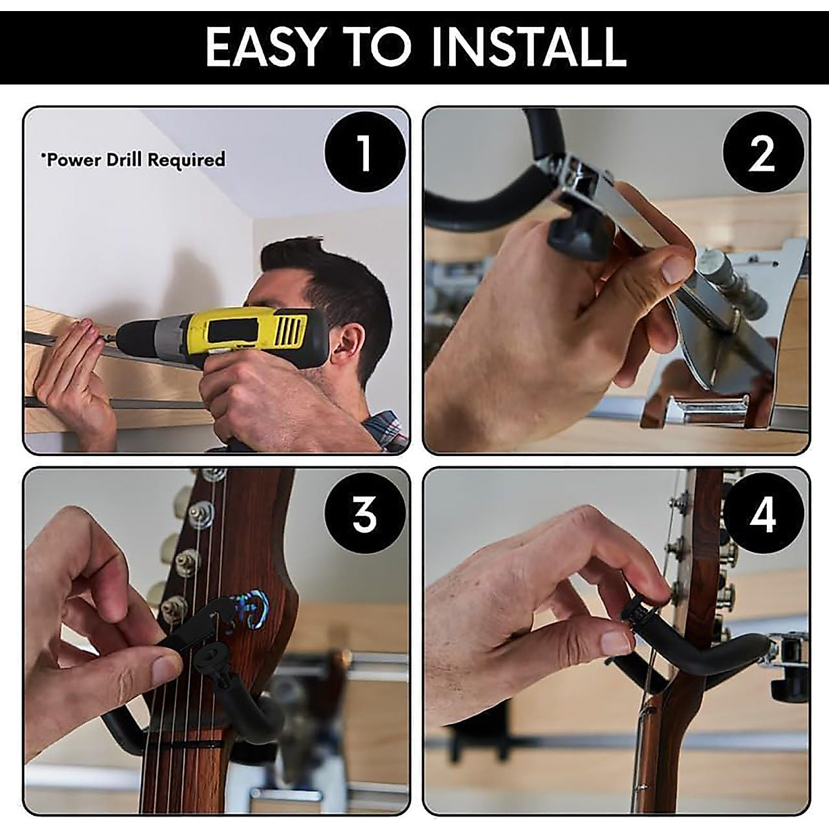 DLDIRECT Multiple Guitar Wall Mount with 6 Guitar Holder Locking System, 48-Inch Black Wall Hanger for Guitars and Ukuleles