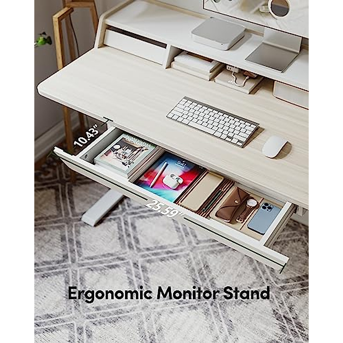 BANTI Height Adjustable Electric Standing Desk with Three Drawers, 48 x 25 Inch Table with Storage Shelf, Sit Stand Desk with Storage Space, Splice Board with White Frame/Light Walnut Top, 48 inch