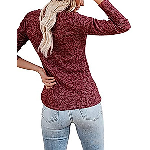 Women's Long Sleeve Henley Tops Pullover V Neck Button Loose Casual T Shirts (Small, Red Wine)