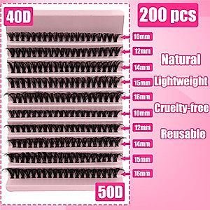 DIY Lash Extension Kit 200 Pcs 40D 50D 10-16MM Mix Individual Lash Clusters Kit with Bond and Seal Professional Eyelash Tweezers Wispy C D Curl False Eyelash Clusters DIY at Home, by TMIELYBS