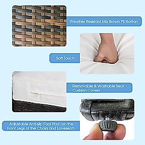 Tangkula 4-Piece Patio Furniture Set, Patiojoy Acacia Wood Outdoor PE Wicker Conversation Set with Cushions, PE Rattan Sectional Sofa Set for Lawn, Porch, Poolside, Backyard (Off White)