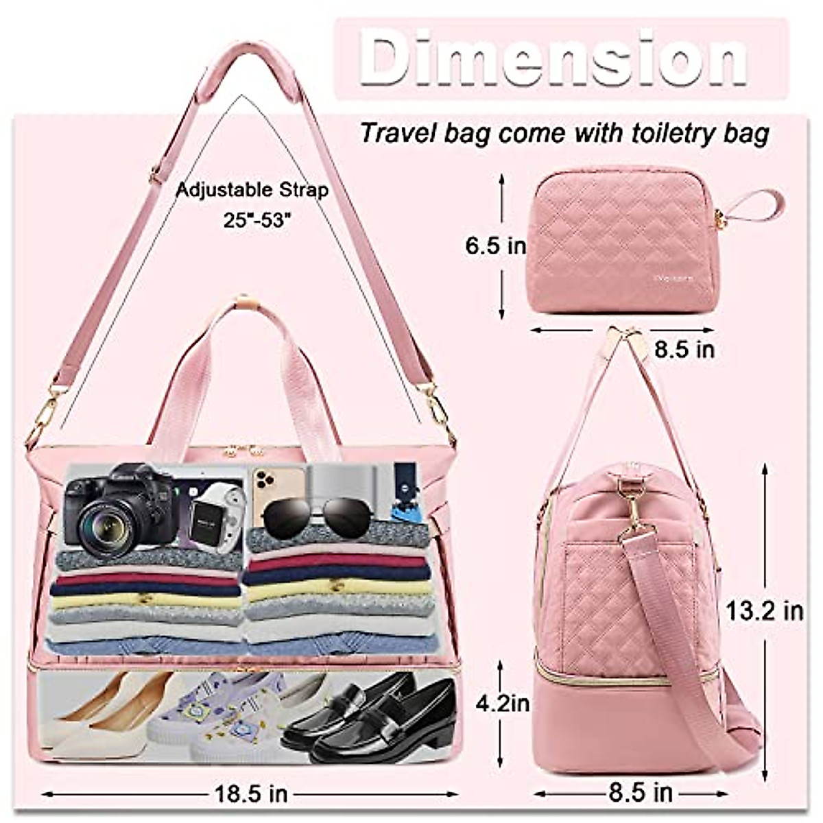 Weitars Gym Bag For Women,Travel Duffel Weekender Bag,Sport With Shoes Compartment And Wet Pocket,Large Carry On Overnight Hospital Women Travel,Gym,Shopping (Pink)