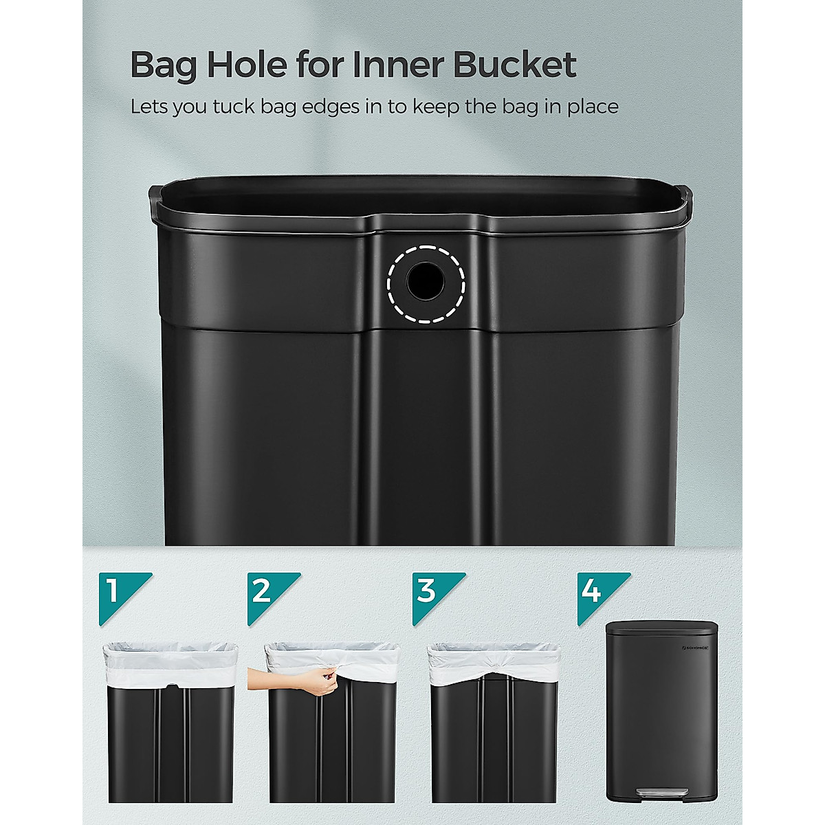 SONGMICS 13 Gallon Trash Can, Stainless Steel Kitchen Garbage Can, Recycling or Waste Bin, Soft Close, Step-On Pedal, Removable Inner Bucket, Black ULTB050B01