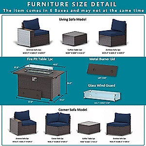 ASJMR Outdoor Patio Furniture Set with Gas Fire Pit Table, 7 Pieces Patio Furniture Set Outdoor Sectional Sofa w/43in Propane Fire Pit, PE Wicker Rattan Patio Conversation Set - Dark Blue