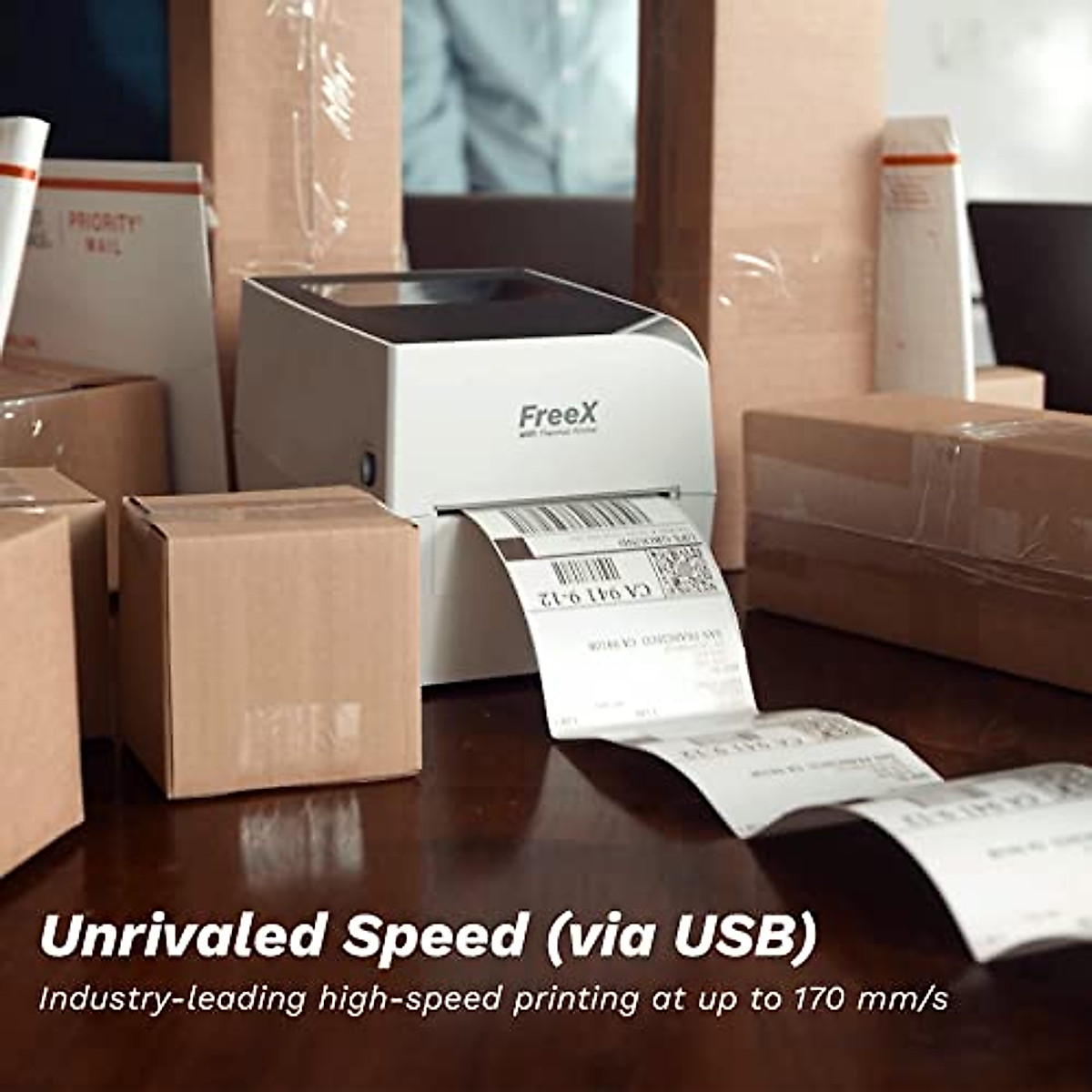 FreeX WiFi SuperRoll Thermal Printer for 4x6 Shipping Labels | White, Wireless Shipping Labels Printer | Works with Zebra, Brother, Dymo Labelwriter 4XL, Rollo, Munbyn, MFlabel, Comer, Polono Labels