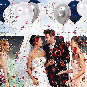 Navy Blue and Silver Confetti Balloons 50 pcs, 12 inch White Pearl and Silver Metallic Chrome Party Balloons for 2022 Graduation Party Decorations