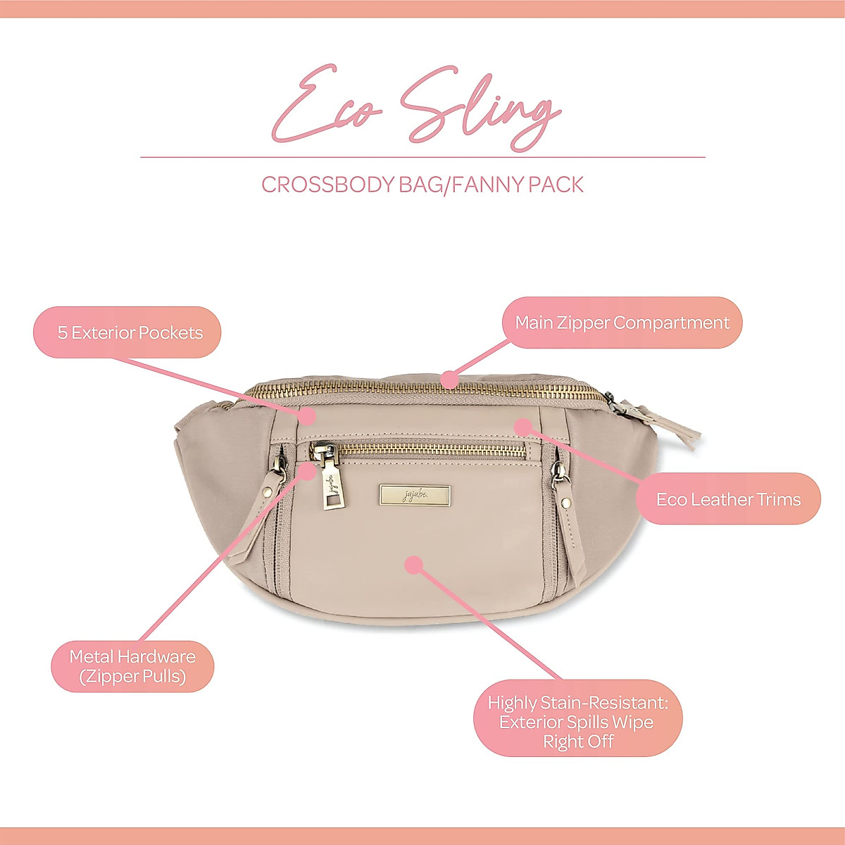 JuJuBe Eco Sling Bag, Fashion Cross Body Bag Fanny Pack for Moms, Waterproof Travel Waist Pack or Crossbody Belt Bag with Adjustable Straps, Includes 5 Zipper Pockets and Credit Card Slots, Truffle