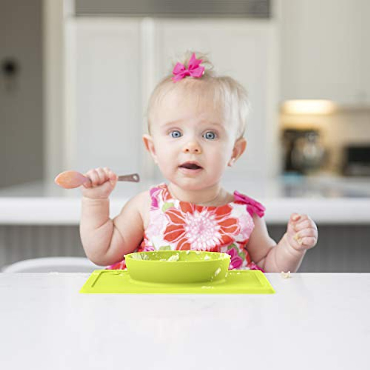 ezpz Mini Bowl - 100% Silicone Suction Bowl with Built-in Placemat for Infants + Toddlers - Comes with a Reusable Travel Bag (Gray)