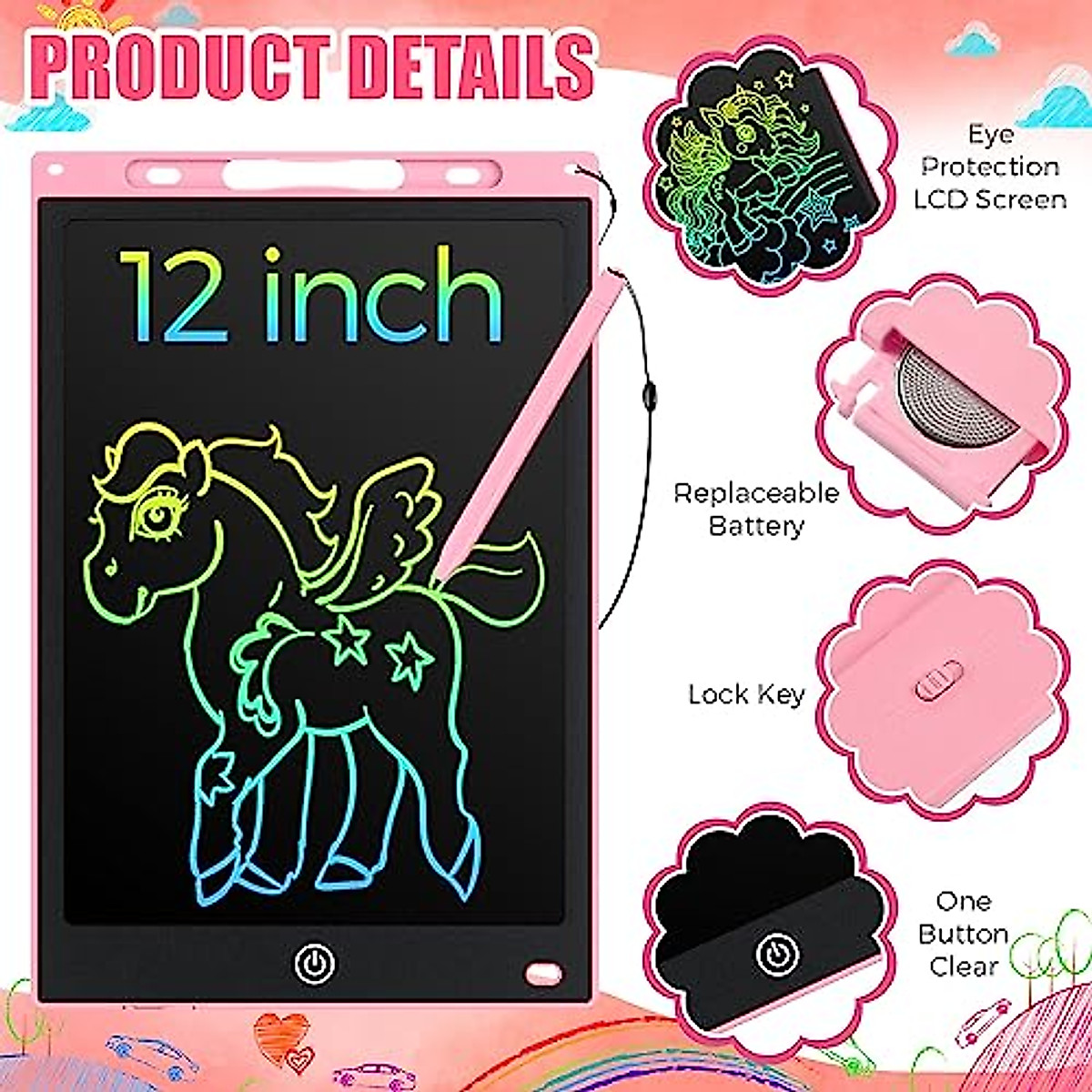 12 Pcs LCD Drawing Pad for Kids 12 Inch Doodle Board Bulk Colorful Erasable Drawing Tablet Writing Pad Reusable Electronic Toys Gifts for Girls Boys 8-10 3-10, Blue, Red, Pink