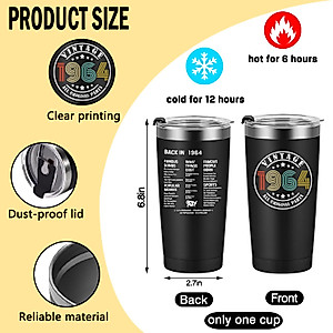 60th Birthday Gifts for Men Women Friends, Tumbler 20 oz Stainless Steel Vacuum Insulated Tumblers, Double Sided Printed Birthday Thermos cup, Back in 1964 Old Time Information - Black