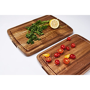 Set of 2 Sonder Los Angeles Acacia Wood Cutting Boards with Juice Groove, Gift Box Included - Small & Medium Sizes: 14x10x1in & 12x8x1in. Ideal for Meat, Vegetables, and Organic Produce Sustainable