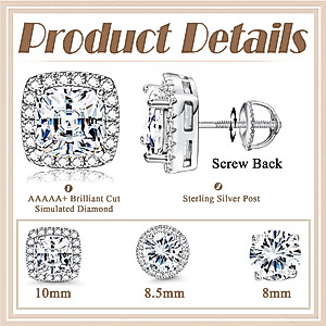 Jstyle 3Pairs 18K White Gold Plated Brilliant Simulated Diamond Halo Earrings Studs with Screw Back Round Square Cubic Zirconia Screw Back Earrings for Mother's Day Gift White